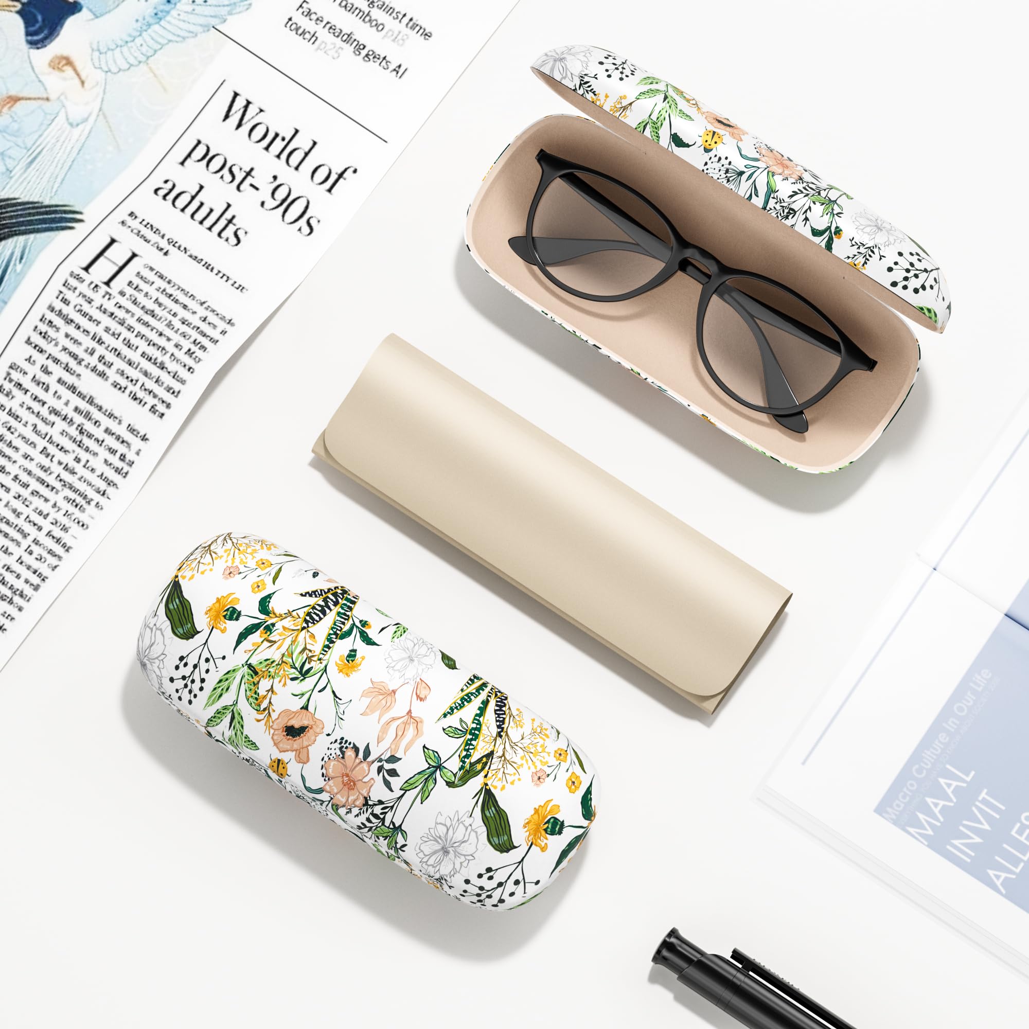 NPOOYI Eyeglasses Case, Hard Shell Protective Case for Glasses, Unisex for Women Men, Glass Case with Cleaning Cloth, Colorful Small Flowers