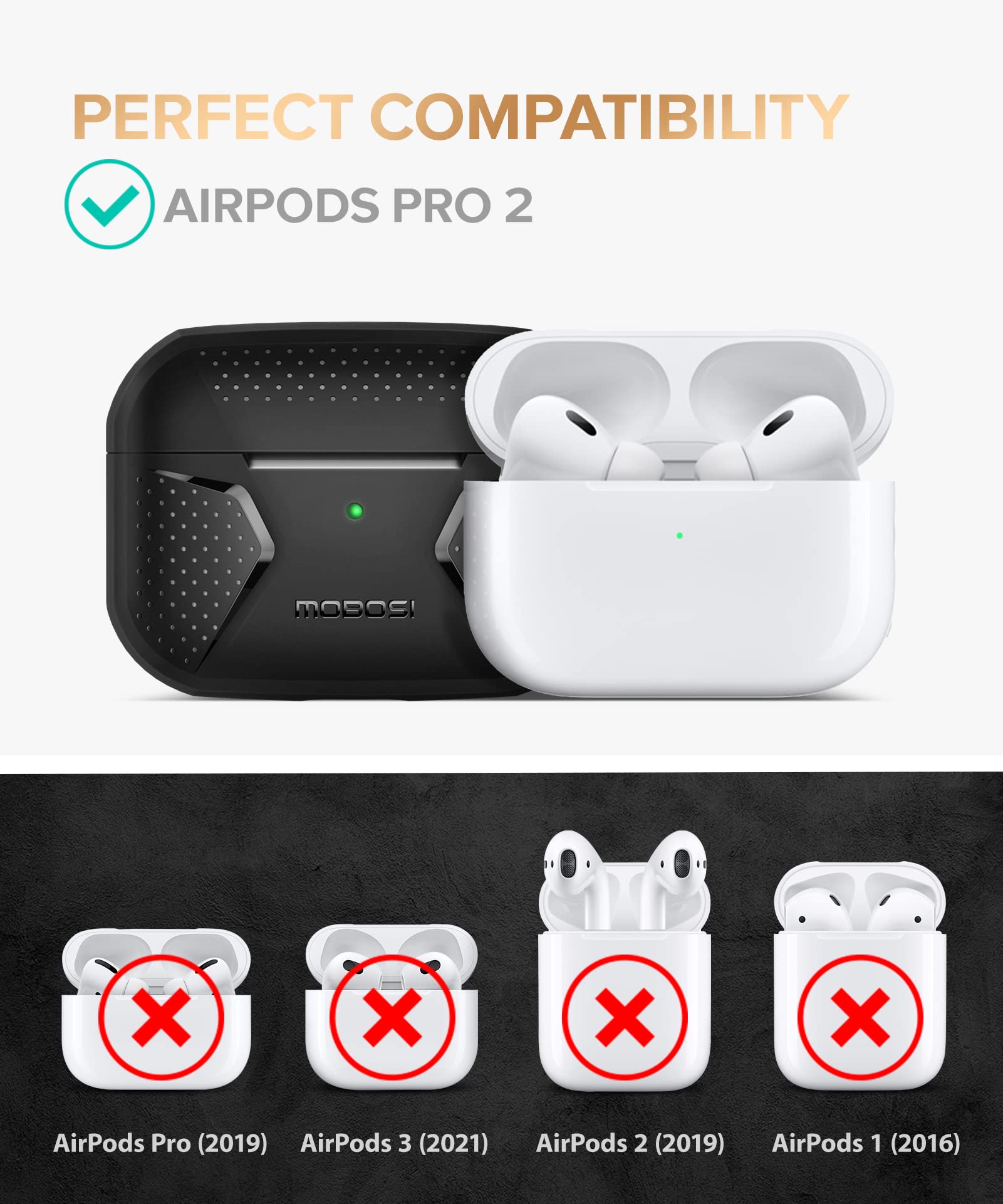 MOBOSI for AirPods Pro 2 Case 2022, Military Grade AirPods Pro 2nd Generation Case with Keychain, Men Women Shockproof Full Body Rugged Protective Case, Supports Wireless Charging, Black