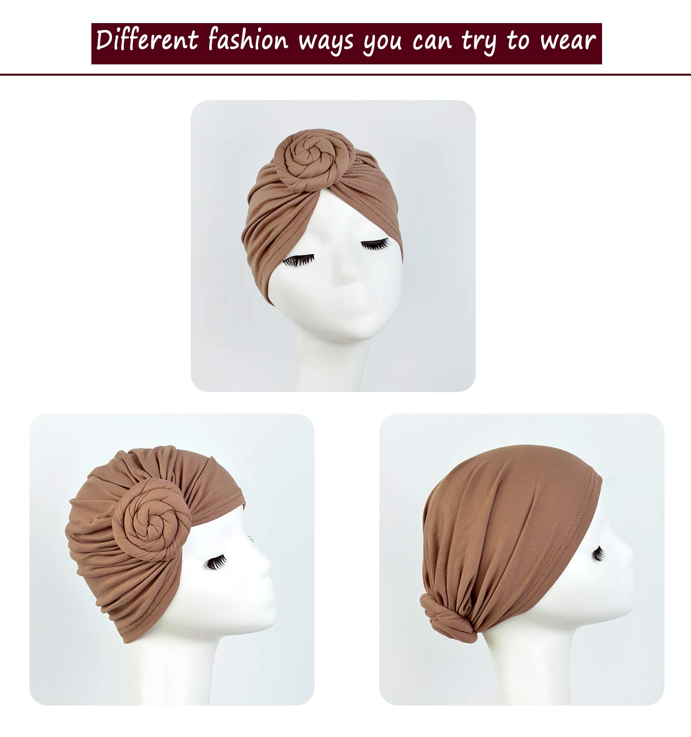 keland 3 Pieces African Pattern Women Turbans Hats Flower Knot Headwrap Pre-Tied Cap (Black&White&Camel)