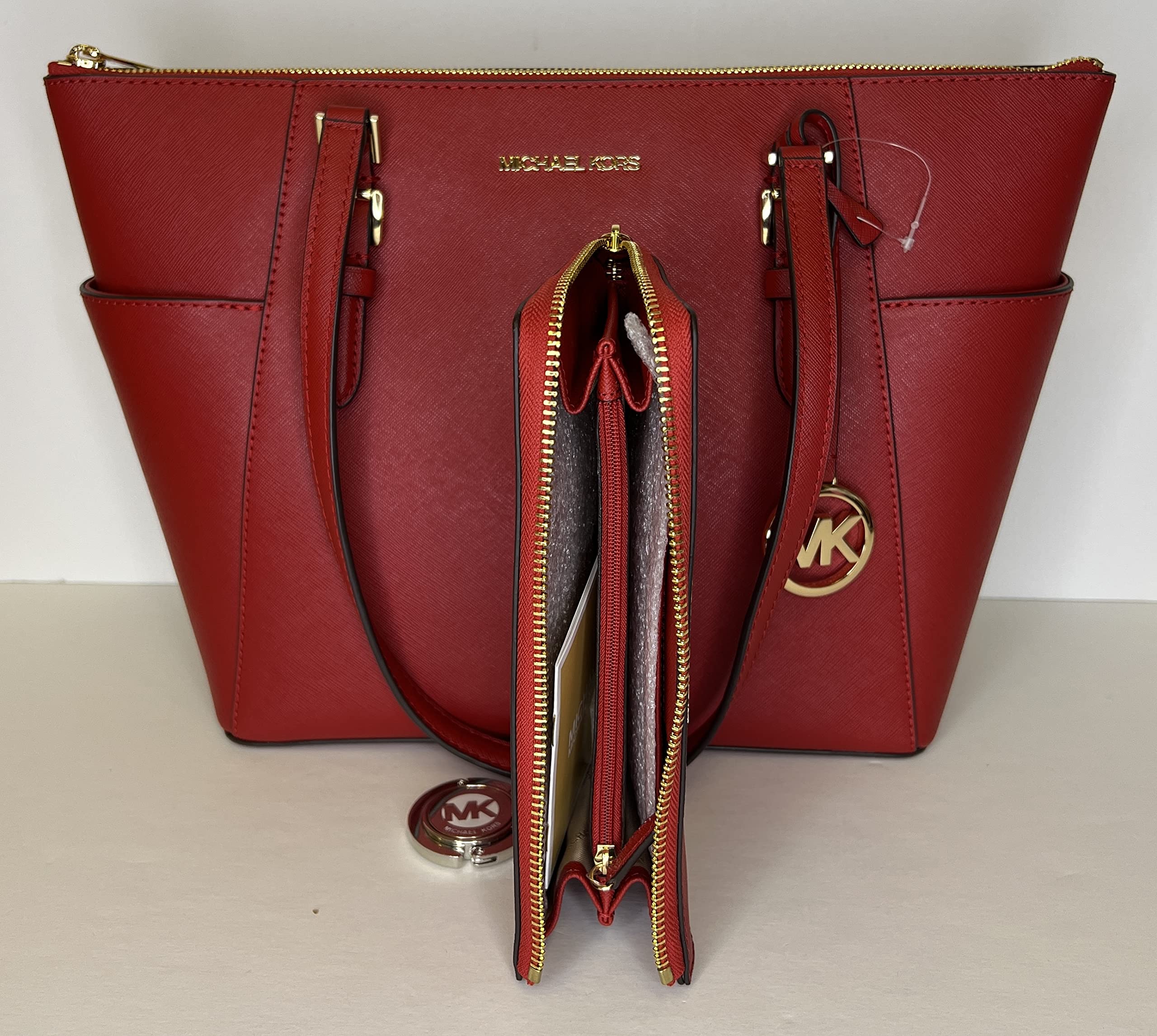 Michael Kors Charlotte Large Top Zip Tote bundled with Quarter-Zip Wallet Purse Hook (Chili Red)