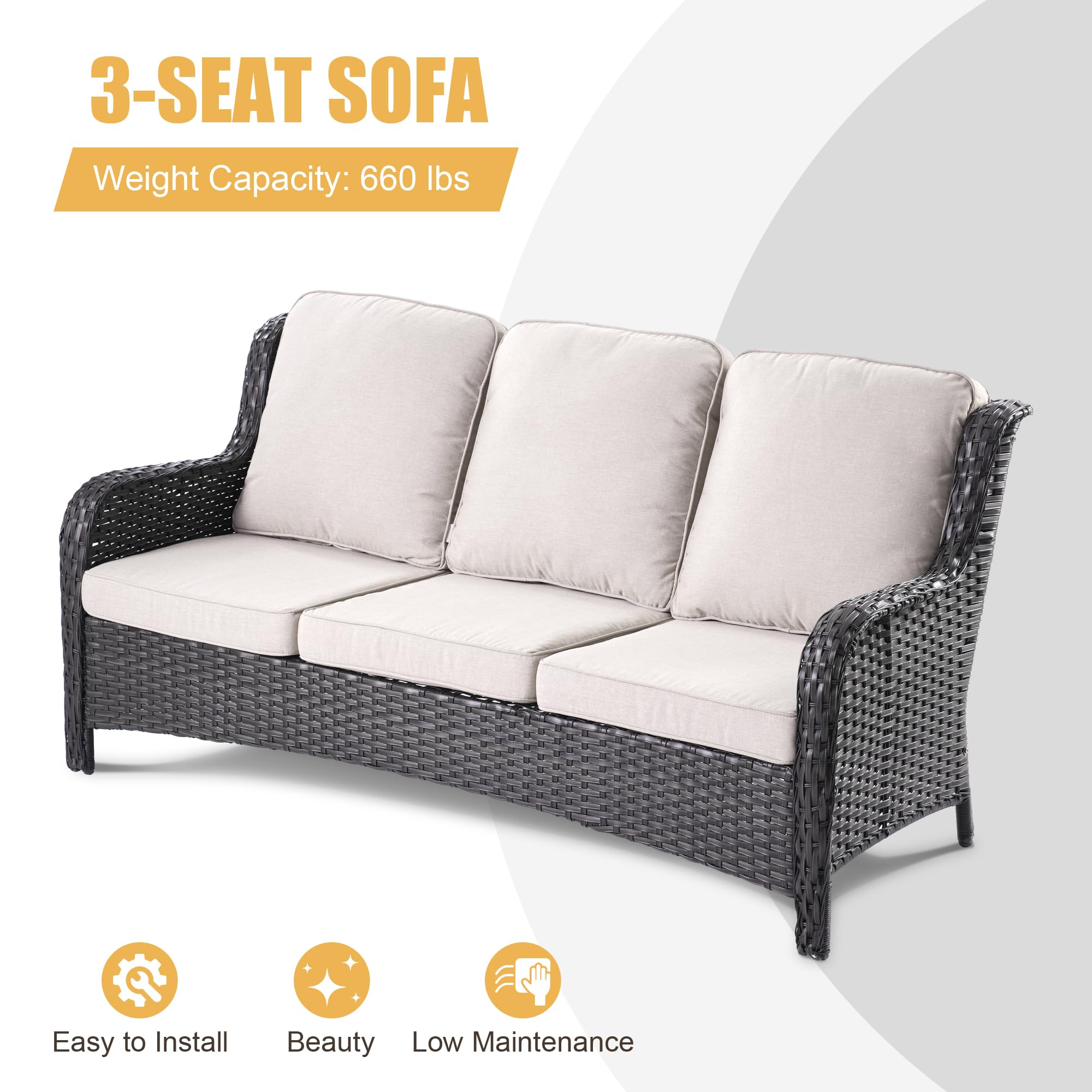 HOOOWOOO Patio Outdoor Furniture Set with Large Fire Pit Table,5 Piece Modern Wicker Couch Sofa,Weather Resistant Conversation Seating Set High Back for 7 Persons(Light Gray)