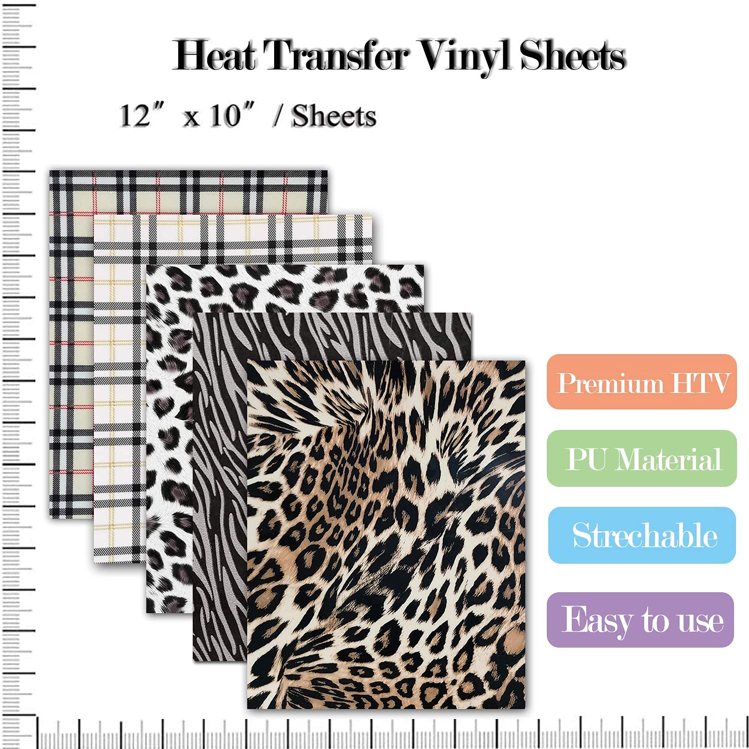 KINGSOW Pattern Heat Transfer Vinyl : 5 Pack 12x10 Inch Cheetah HTV Leopard Animal Print Buffalo Plaid Iron on Vinyl Bundle Sheets T-Shirts Craft Design for Cricut Silhouette Cutter Machine