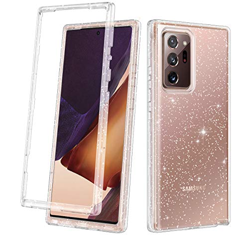 Lamcase Compatible with Galaxy Note 20 Ultra Case Glitter Sparkly Bling Heavy Shockproof Three Layer Protective Cover for Samsung Galaxy Note 20 Ultra 5G 6.9 inch 2020, Clear/Silver Glitter