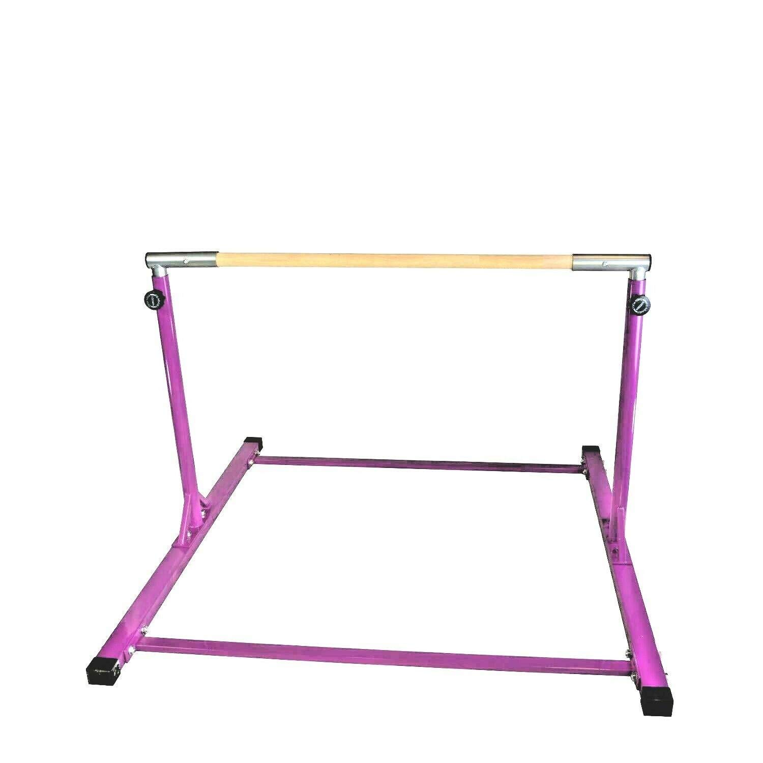 Kids Expandable Kip Bar with Tumble Mat Professional Pink Horizontal Gymnastics Asymmetric Bar 4x8 FT Mat Jungle Gym Height Adjustable 3 to 5 FT Purple Mat