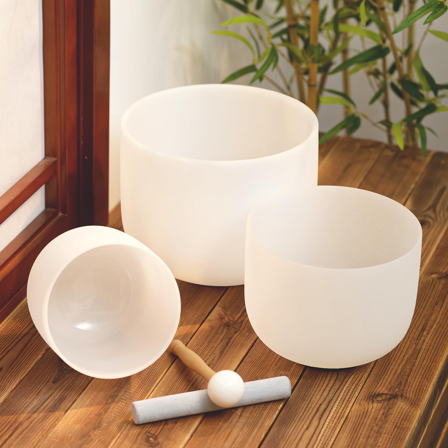 KVKA Set of 3pcs Chakra Frosted Quartz Crystal Singing Bowl 6-10 inch with case (10''F 8''G 6''B)
