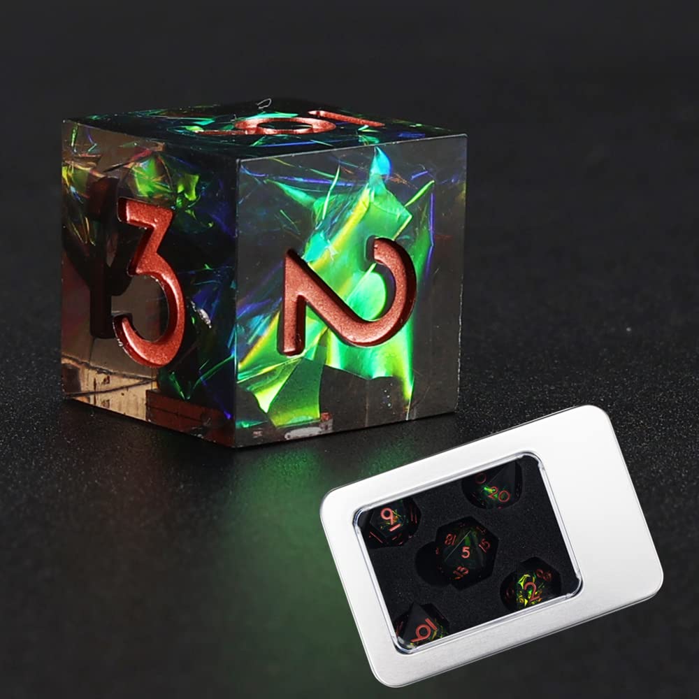 Polyhedral Resin DND Dice Set, Handcrafted Polished Sharp Edge Tabletop D&D RPG Games Dice with Beautiful Glitter Inclusions