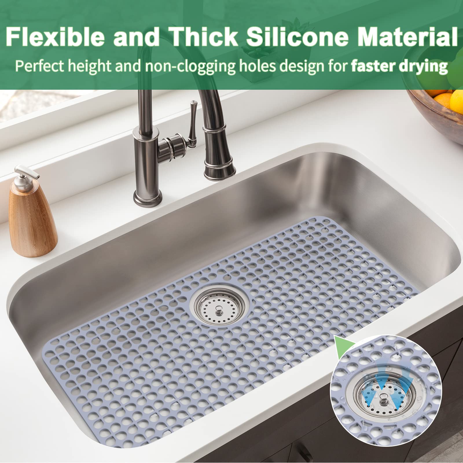 MOSTWOGO Silicone Sink Protector for Kitchen Sink 28''x15'', Heat Resistant Kitchen Sink Mat for Bottom of Stainless Steel/Porcelain Sink ,Rear Drain, 1PCS No-Slip Sink Grid Accessories(Grey)