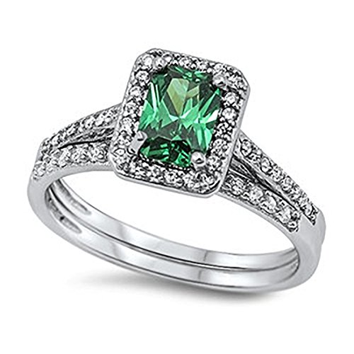 Halo Wedding Engagement Band Ring Emerald Cut Simulated Green Emerald Round CZ 925 Sterling Silver, Size 7