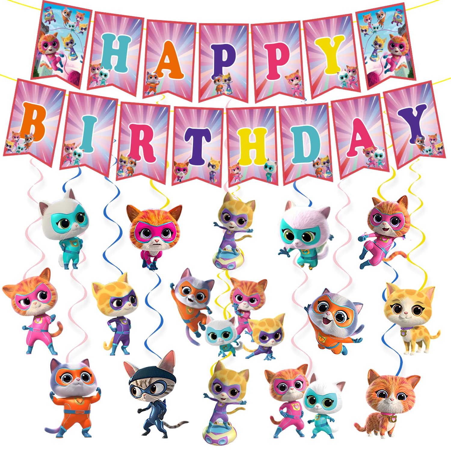 Kitties Birthday Party Decorations, Kitties Party Banner and 30 Hanging Swirls, Kitties Party Swirls Streams for Girls, Boys Birthday Party