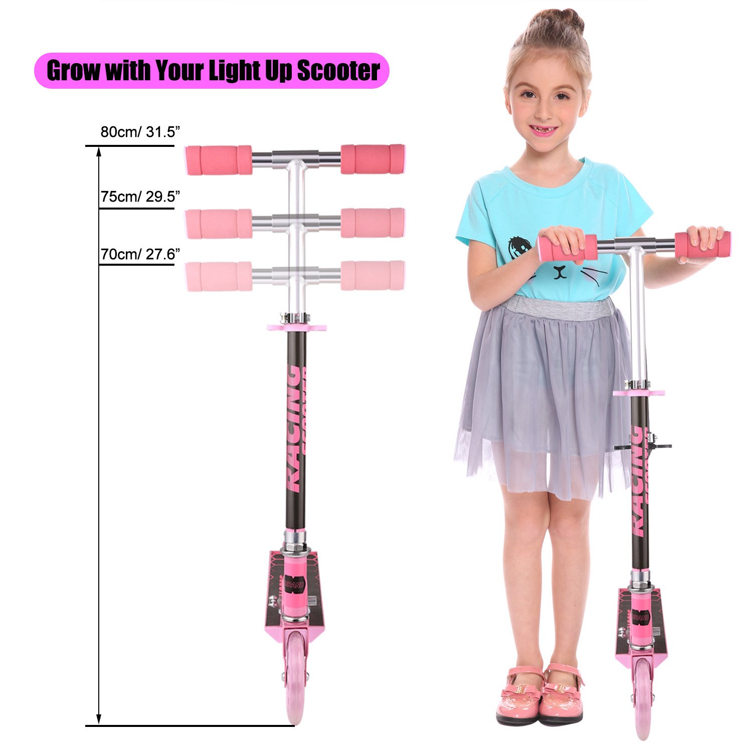Kids Scooter 2 Wheels by WeSkate Foldable Kick Scooters for Girls Boys Aged 3+, Smooth-Gliding, Adjustable Handles Scooters with LED Light Up PU Wheels, Lightweight Construction