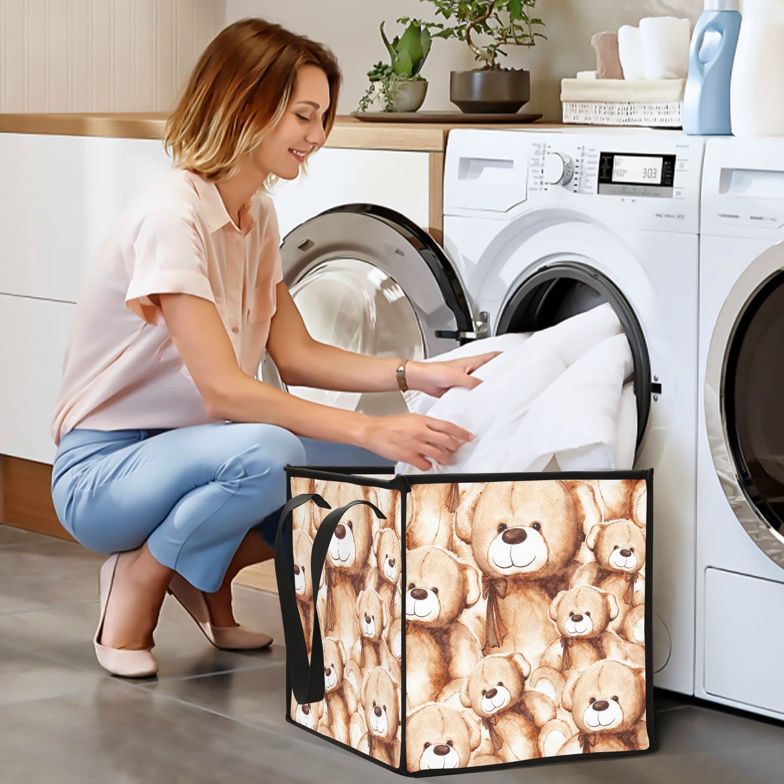 Lovely Teddy Bear Storage Bin Collapsible Toy Storage Basket Cube Laundry Basket Waterproof Nursery Hamper with Handles for Kids Room Nursery Closet Shelf Toys Playroom Decor