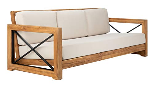 Safavieh CPT1010A Couture Curacao Brazilian Teak Outdoor 3-Seat Patio Sofa, Natural/White