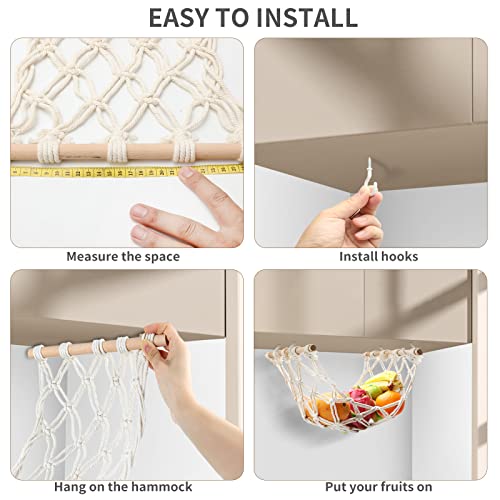 Motarna Hanging Fruit Hammock with Hooks, Hanging Fruit Basket Under the Kitchen Cabinet for Storing Banana Fruits, Hand-Woven Lace Hanging Basket for Kitchen Décor, Rectangle