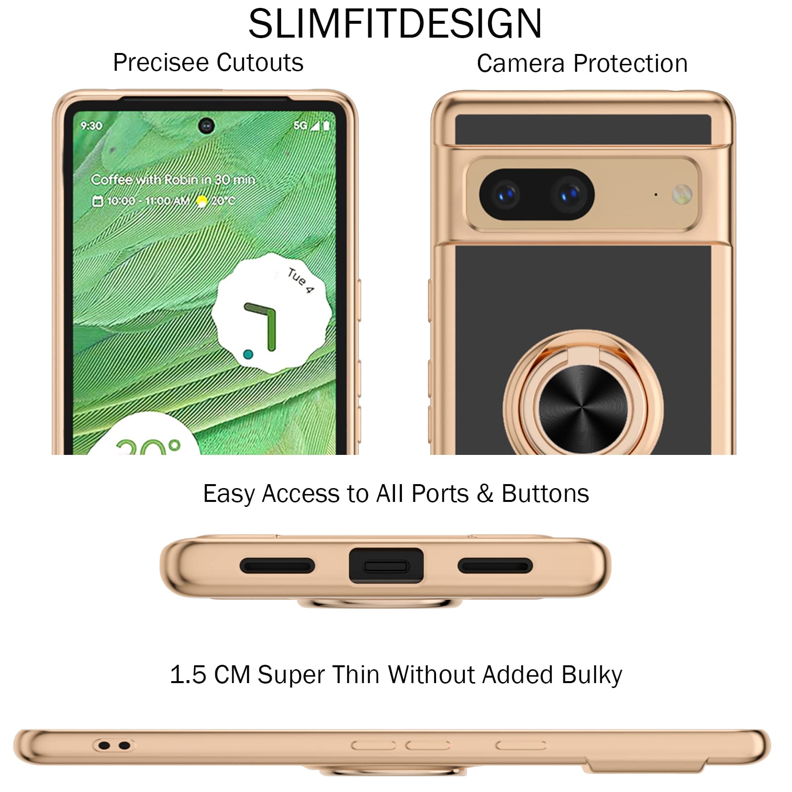 Jasmeas Case Compatible with Google Pixel 7 with 2 Screen Protector, with Ring Holder Plating Rose Gold Edge 360°Kickstand Cover Slim Soft Flexible TPU Protective Phone Cases for Women - Black
