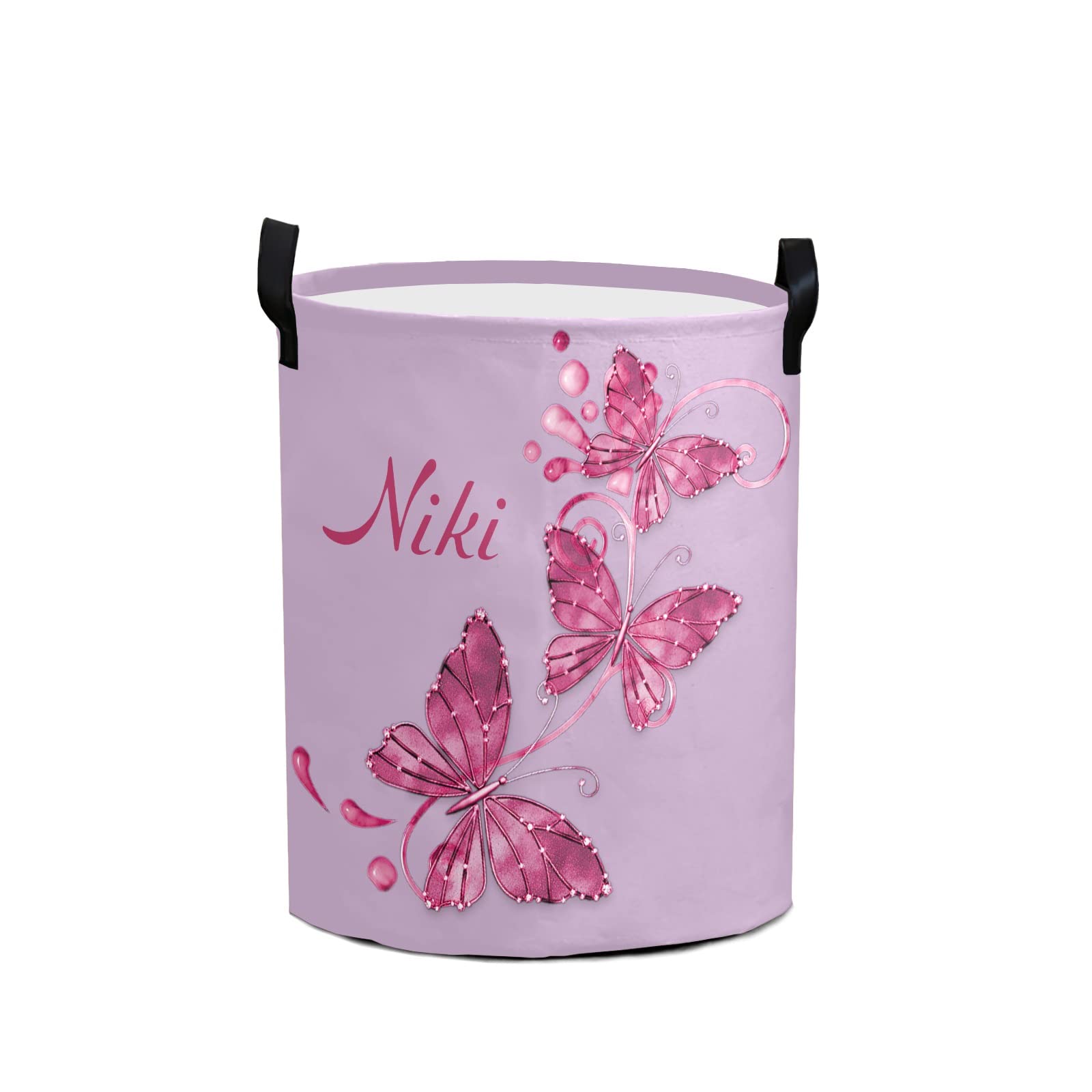 Pink Butterfly Laundry Hamper Personalized with Name Canvas Waterproof Storage Bin with Handle for Kids Nursery Hamper Gift Baskets Home Organizer