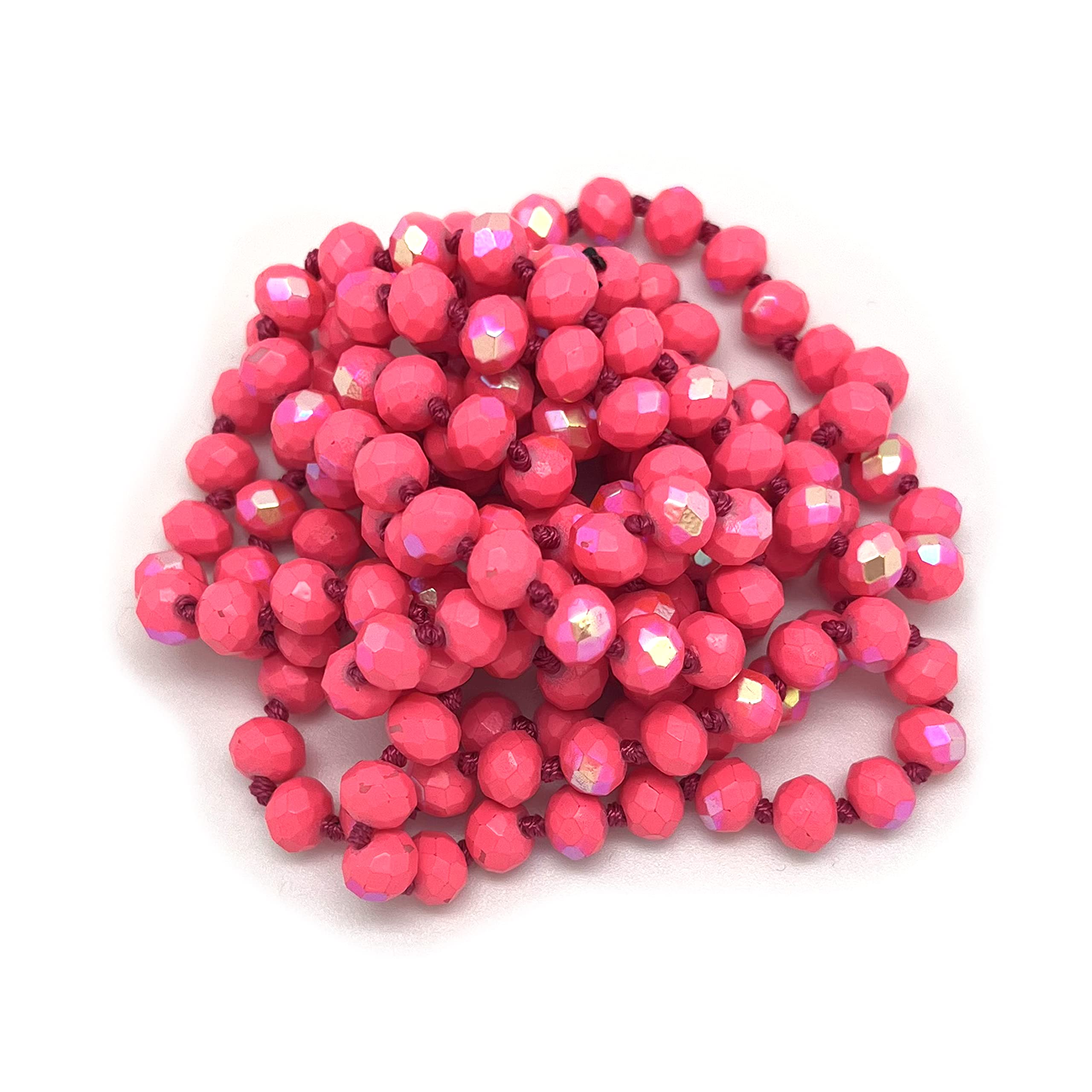 Miracle Collection 60" Knotted Crystal Beads Endless Long Statement Necklace-Versatile Beaded Strand Lariat Multi Layer Infinity Wrap with 8mm Faceted Crystal Bead and Pearl (NEON PINK)