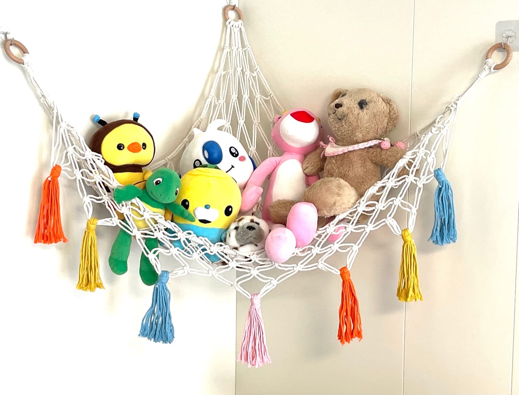 MacrameBay Large Handmade Macrame Stuffed Animal Toy Net Hammock Boho Girl Nursery Playroom Bedroom Kids Room Storage Organizer Decor with Hooks
