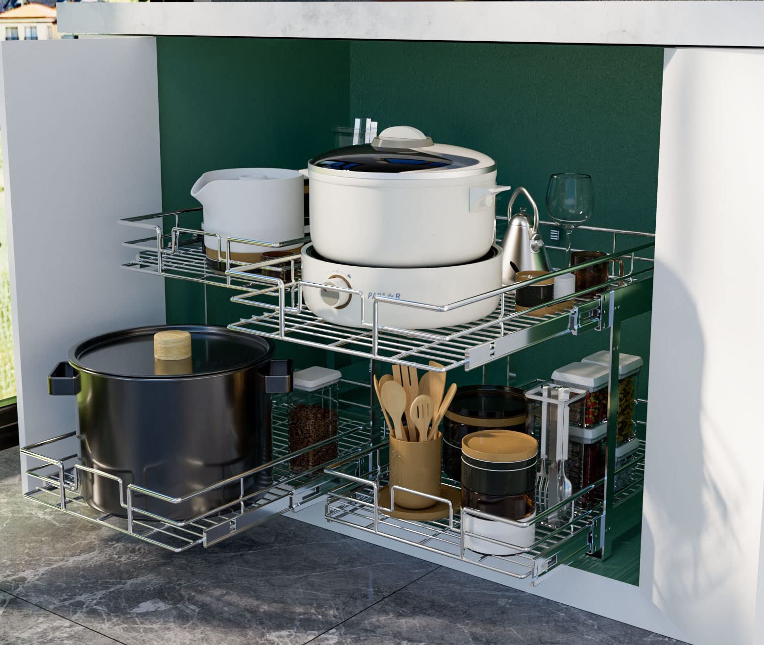 LOVMOR 2 Tier Individual Pull Out Cabinet Organizer 11" W x 18" D, Slide Out Kitchen Cabinet Storage Sliding Shelves