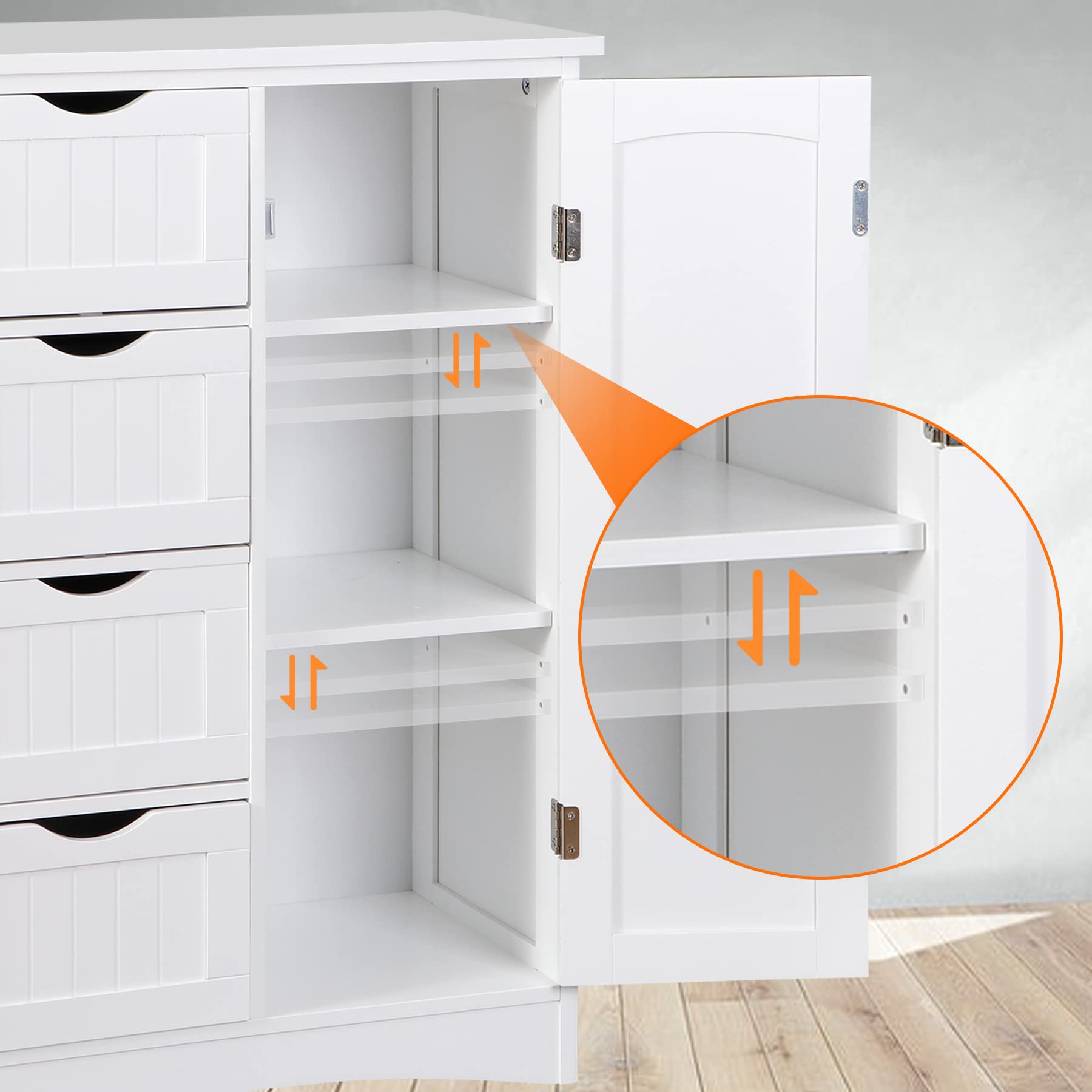 ZENY Bathroom Floor Storage Cabinet, Side Storage Organizer with 4 Drawers and 1 Cupboard, Adjustable Shelf Freestanding Entryway Storage Unit for Living Room/Bathroom, White