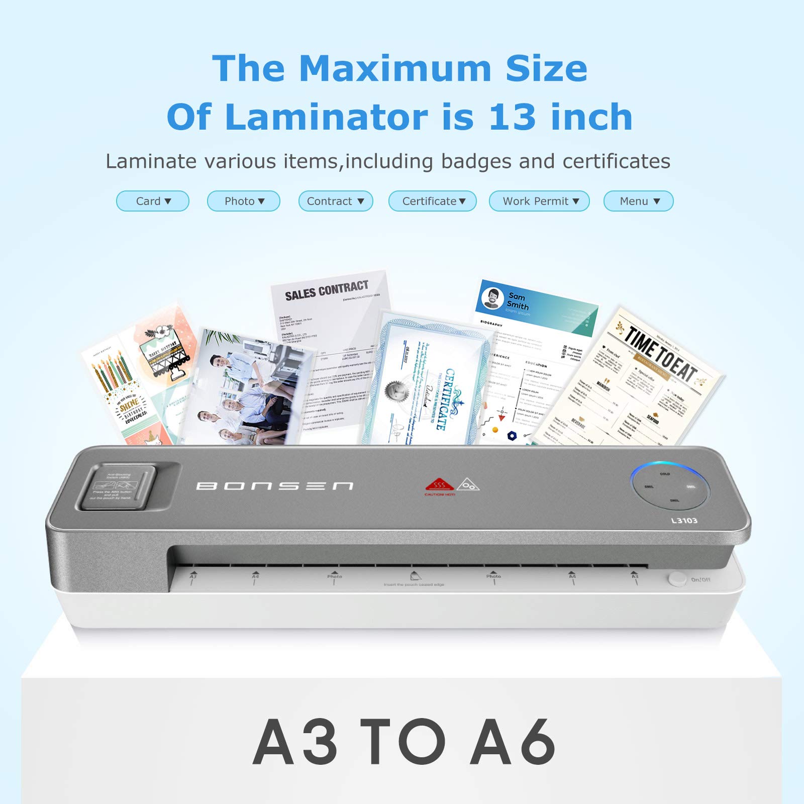 Laminator Machine with Laminating Sheets 50 Pouches, BONSEN 13 Inch Laminator, 4-in-1 Thermal Laminator with Paper Trimmer and Corner Rounder, A3 Hot Cold Laminating Machine for Home School Office Use