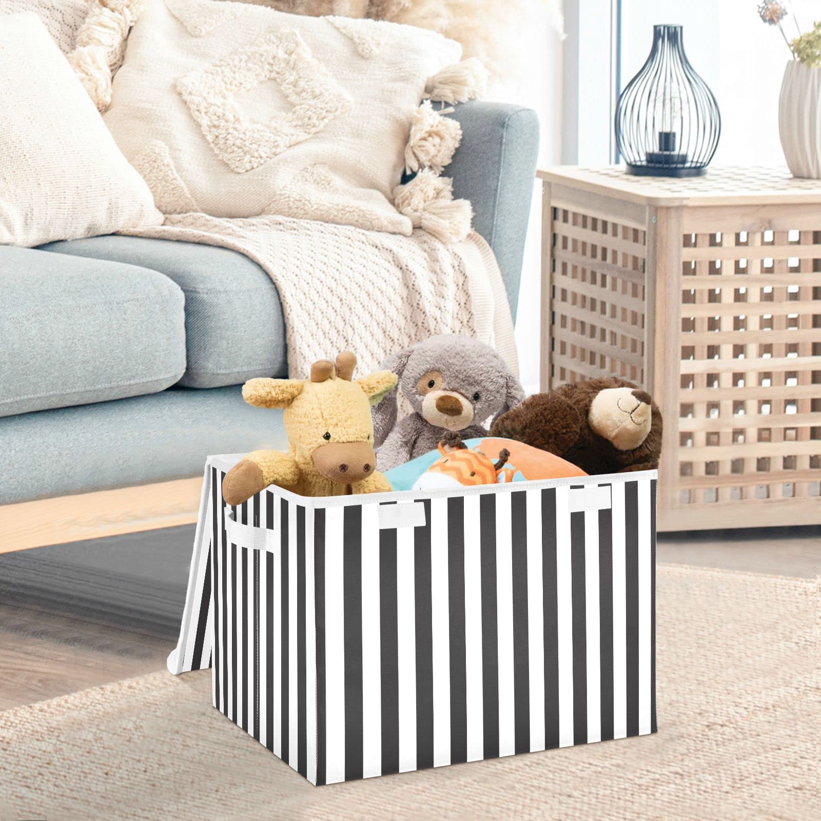 Kigai Storage Basket Black and White Stripes Storage Boxes with Lids and Handle, Large Storage Cube Bin Collapsible for Shelves Closet Bedroom Living Room, 16.5x12.6x11.8 In
