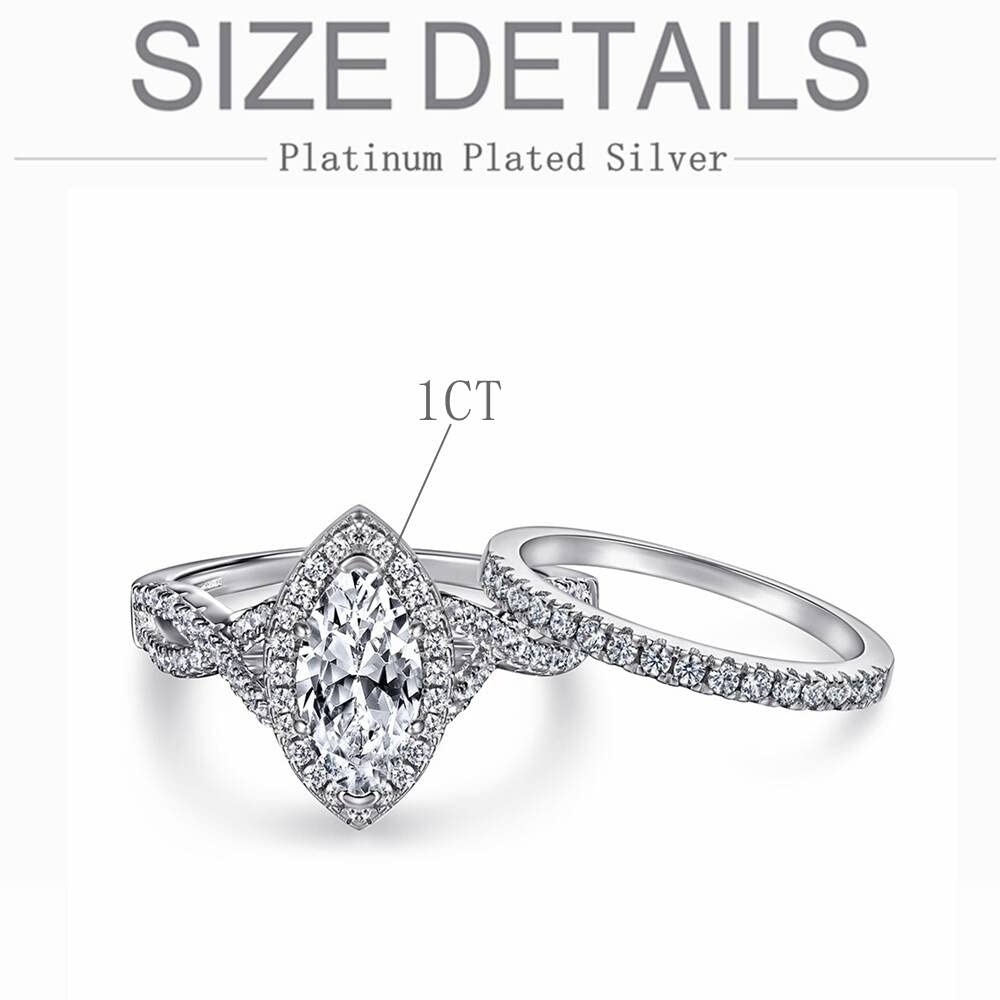 Marquise Bridal Sets Wedding Ring Set for Women Platinum Plated Silver, 1 Carat Center Moissanite Engagement Ring Set White Gold Vintage Anniversary Promise Rings for Her with Text Engraving(size 7
