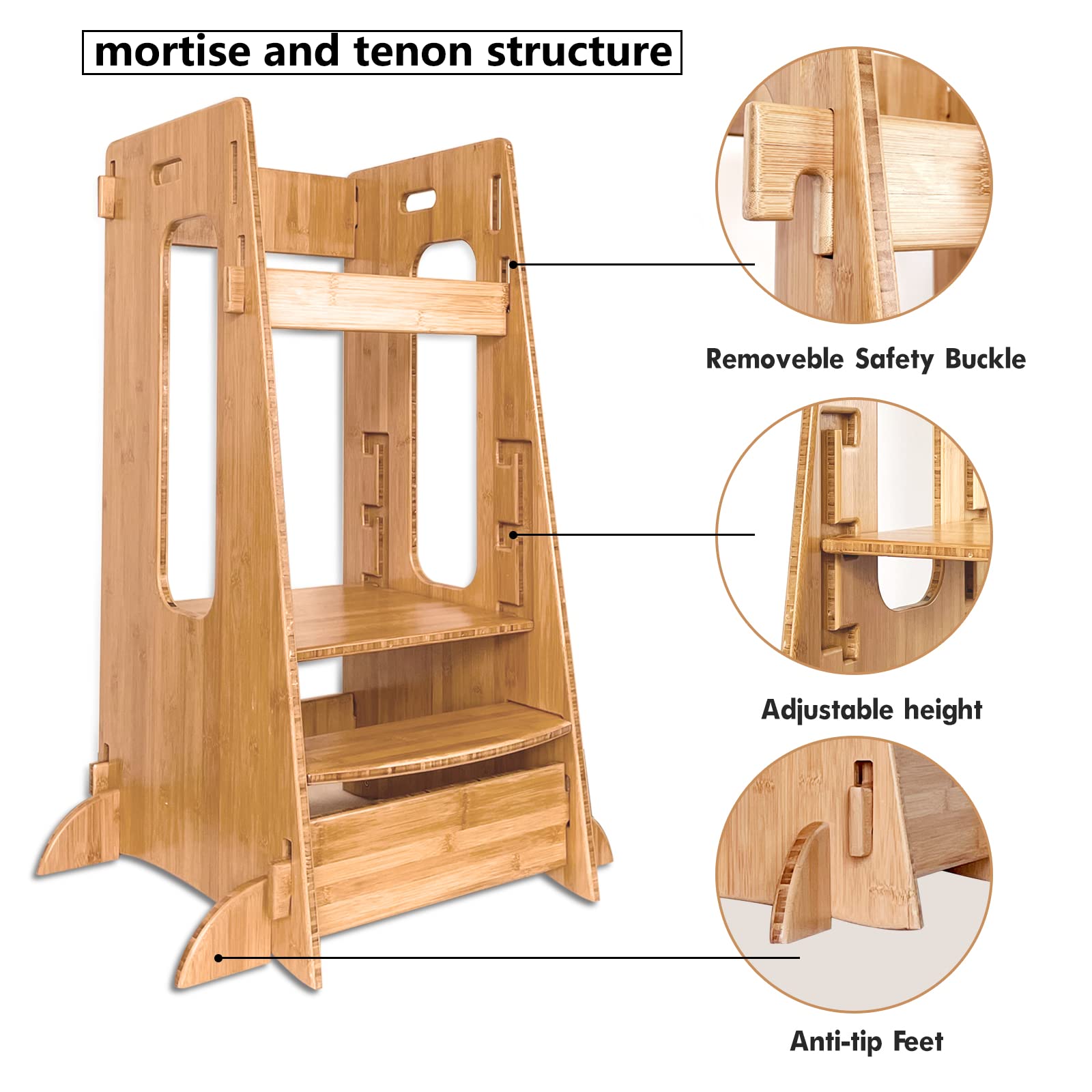 KIDSPR Bamboo Toddler Tower, Kitchen Helper Tool,Height Adjustable Standing Stool for Kids,Bathroom Learning Step Stool