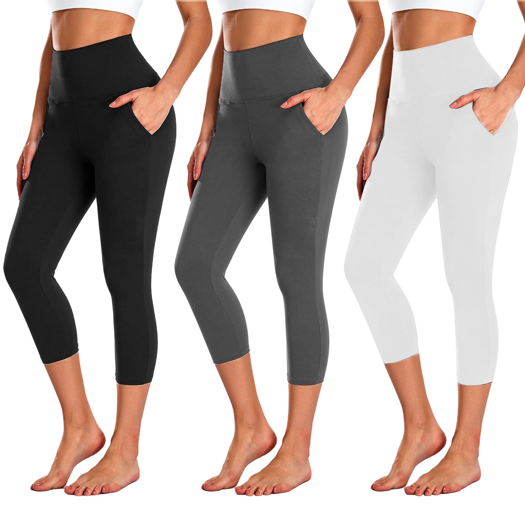 NEW YOUNG 3 Pack Capri Leggings for Women with Pockets-High Waisted Tummy Control Black Workout Gym Yoga Pants
