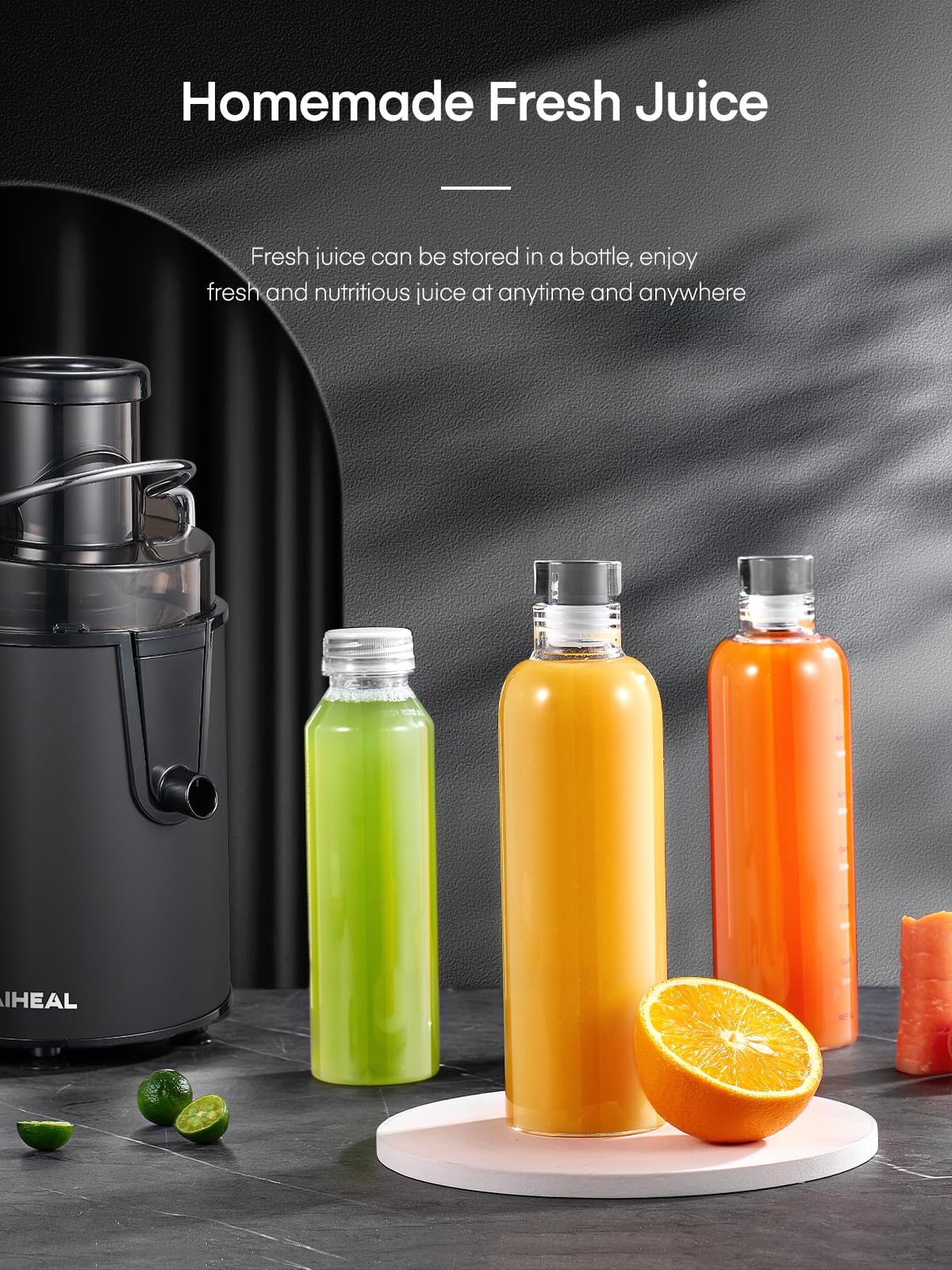 Juicer Machines, Aiheal Juicer Vegetable and Fruit Easy to Clean, Centrifugal Juicer with 3β Wide Mouth, 3 Speed Control, Overload Protection System, Cleaning Brush and Recipe Included, Black