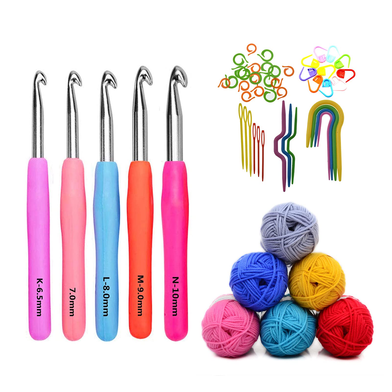 Katech Crochet Hooks Yarn Kit Includes 5 pcs Crochet Hooks and 6 pcs Random Colors Yarn Skeins, Ergonomic Crochet Needle Yarn Set for Making Socks, Scarf, SweaterL8