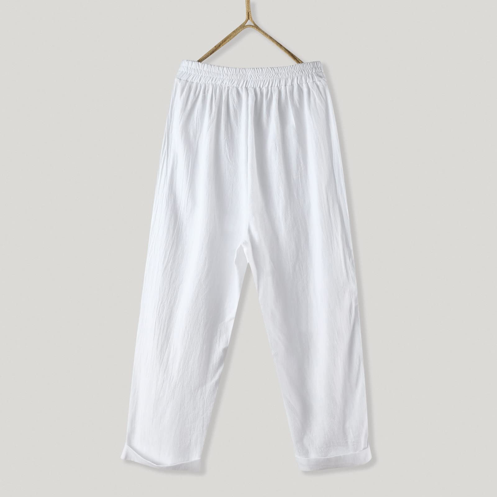 Mackneog Crop Lightweight Women's Printed Linen Capri Pants Loose Fit Casual Loose Womens Pull On Capri Cotton Loose Fitting White