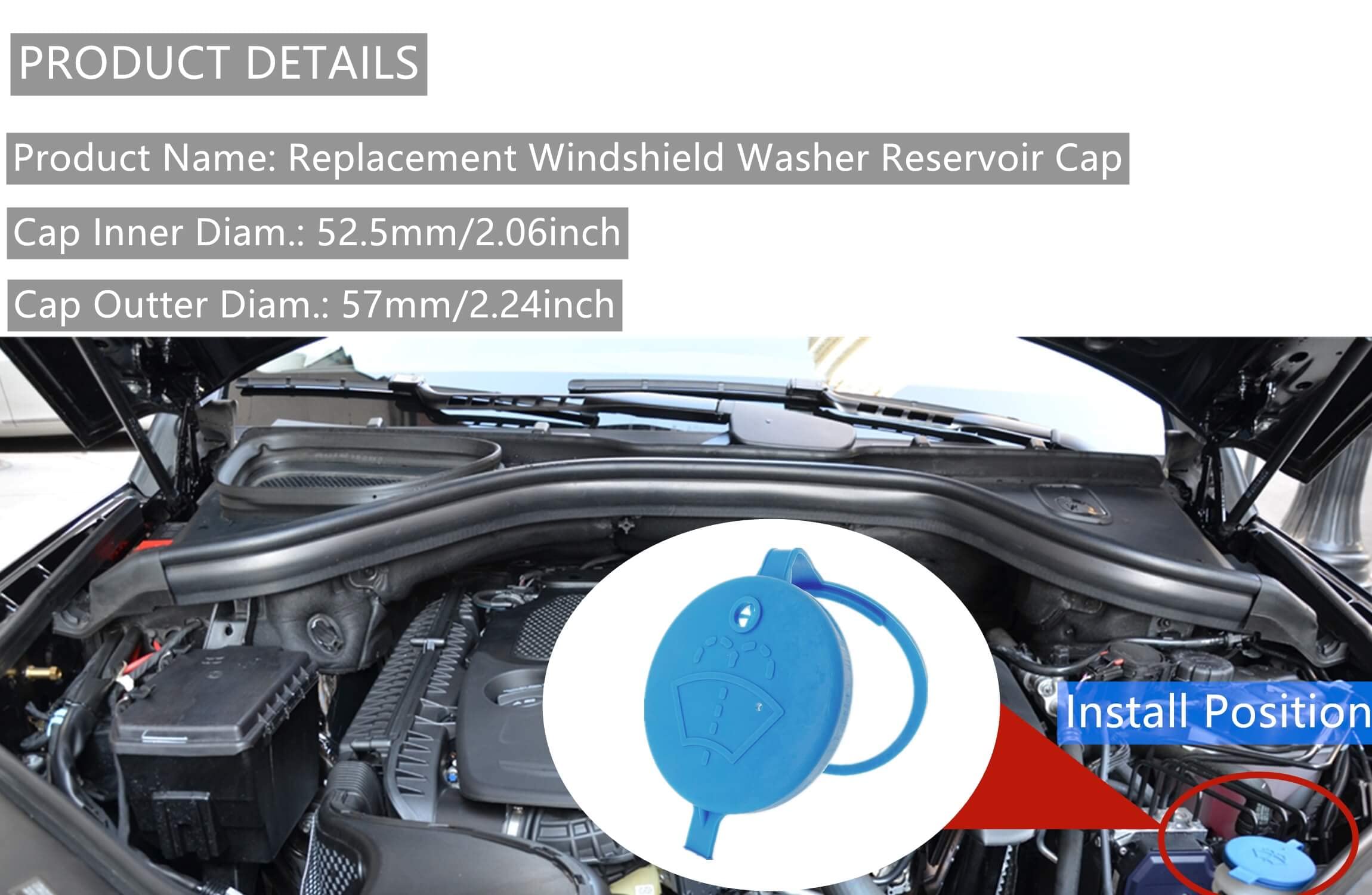 LDCRE 2-Pack Blue Windshield Washer Fluid Cap for 2012-2018 Ford Focus - Replacement Reservoir Cap with 2-1/16 Inch (52.5mm) Inner Diameter - Compatible with Wiper Fluid Bottle Tank
