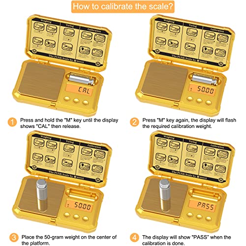 MAXUS Steampunk Digital Scale 200g x 0.01g Precision with 50g Calibration Weight. Golden, Skull-Embossed, Backlit LCD, Stainless Steel Platform for Food or Items.