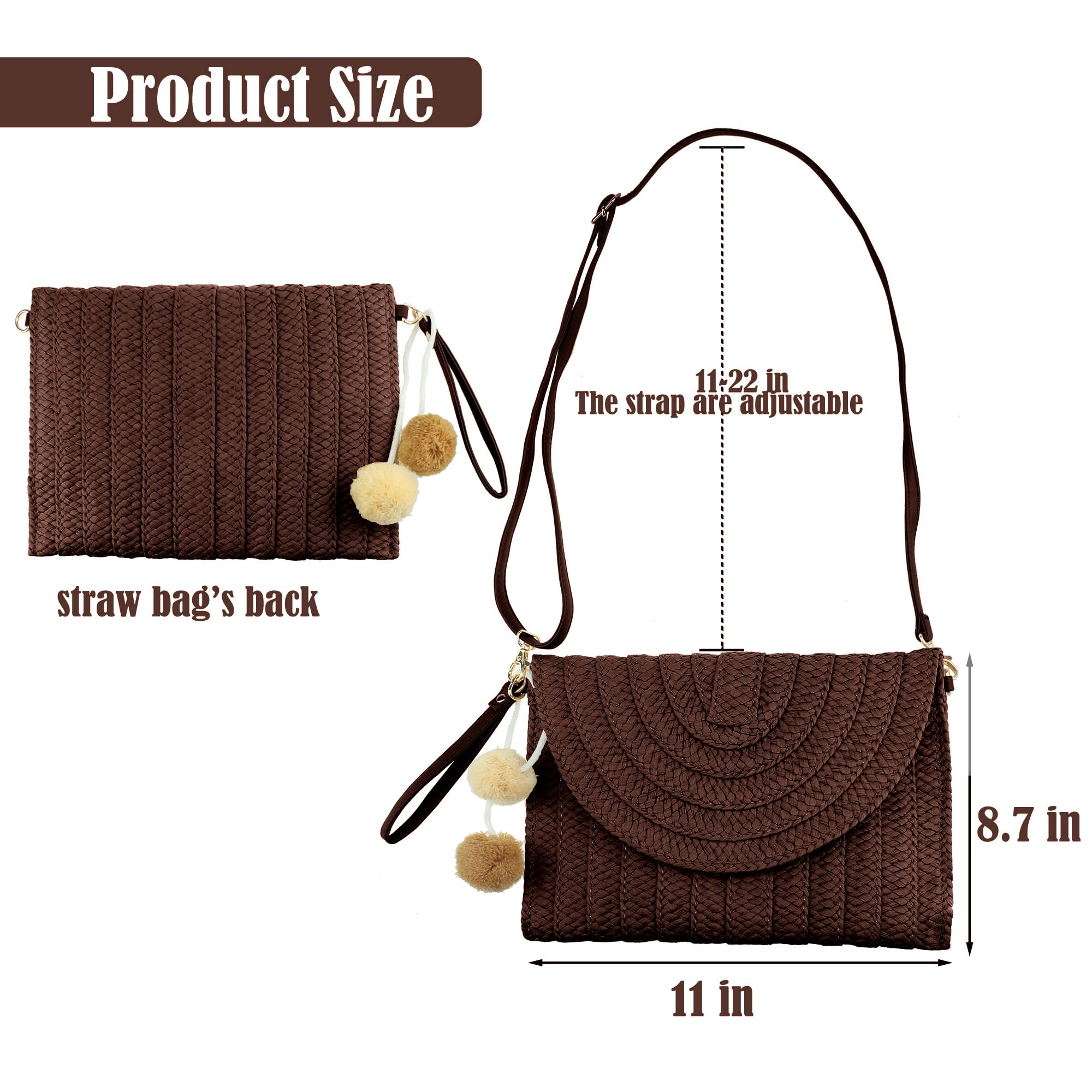 NVAAV Crossbody Bag Wristlet Clutch for Women, Medium Straw Purse for Summer Beach, Wallet Shoulder/Handbags (Coffee)