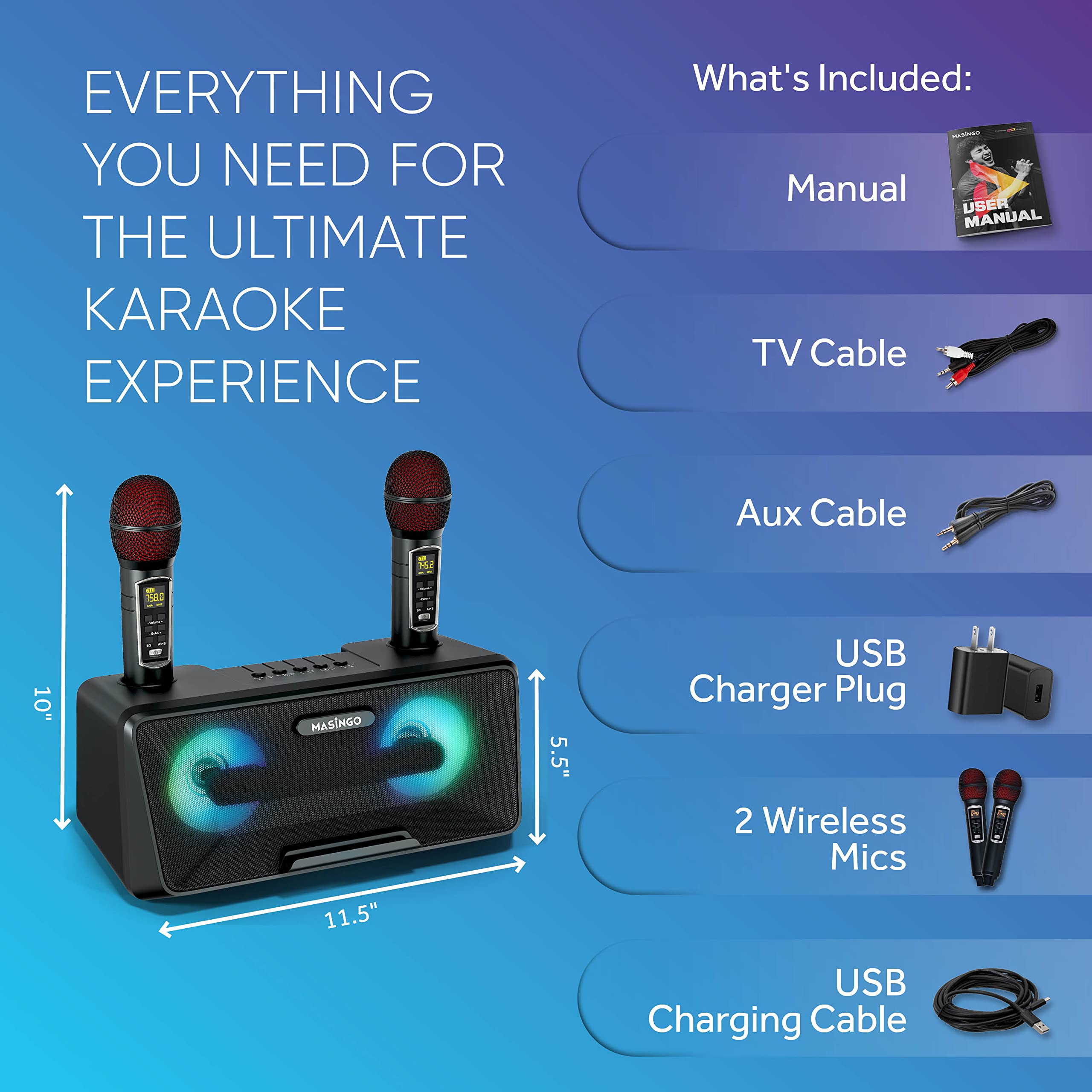 MASINGO Karaoke Machine for Adults and Kids, Wireless Microphones, Portable Bluetooth Singing Speaker, Lyrics Display Holder & TV Cable, Black