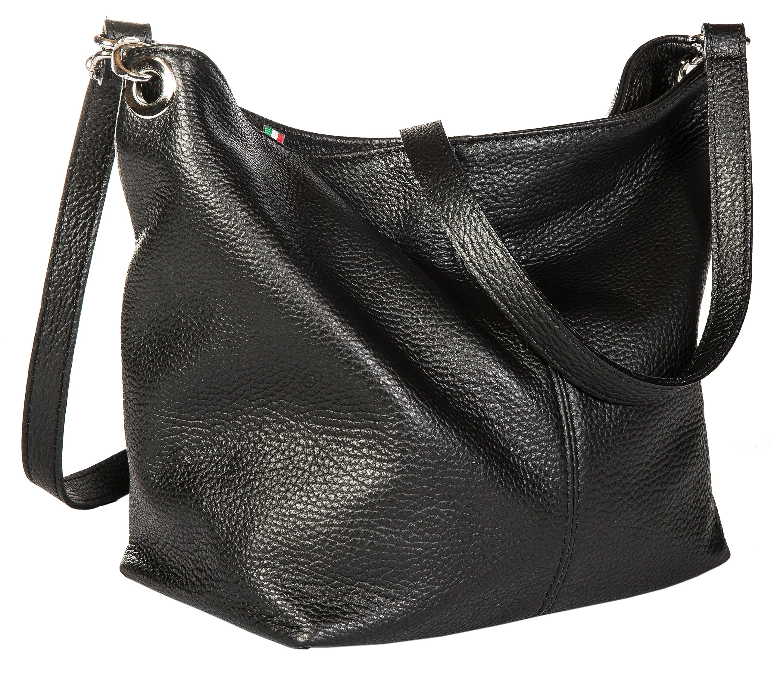 LiaTalia Womens Shoulder Bag - Soft Grained Leather - Medium Size Hobo Handbag Purse Made with 100% Italian Leather - ADAL [Black - Emb Flwr]