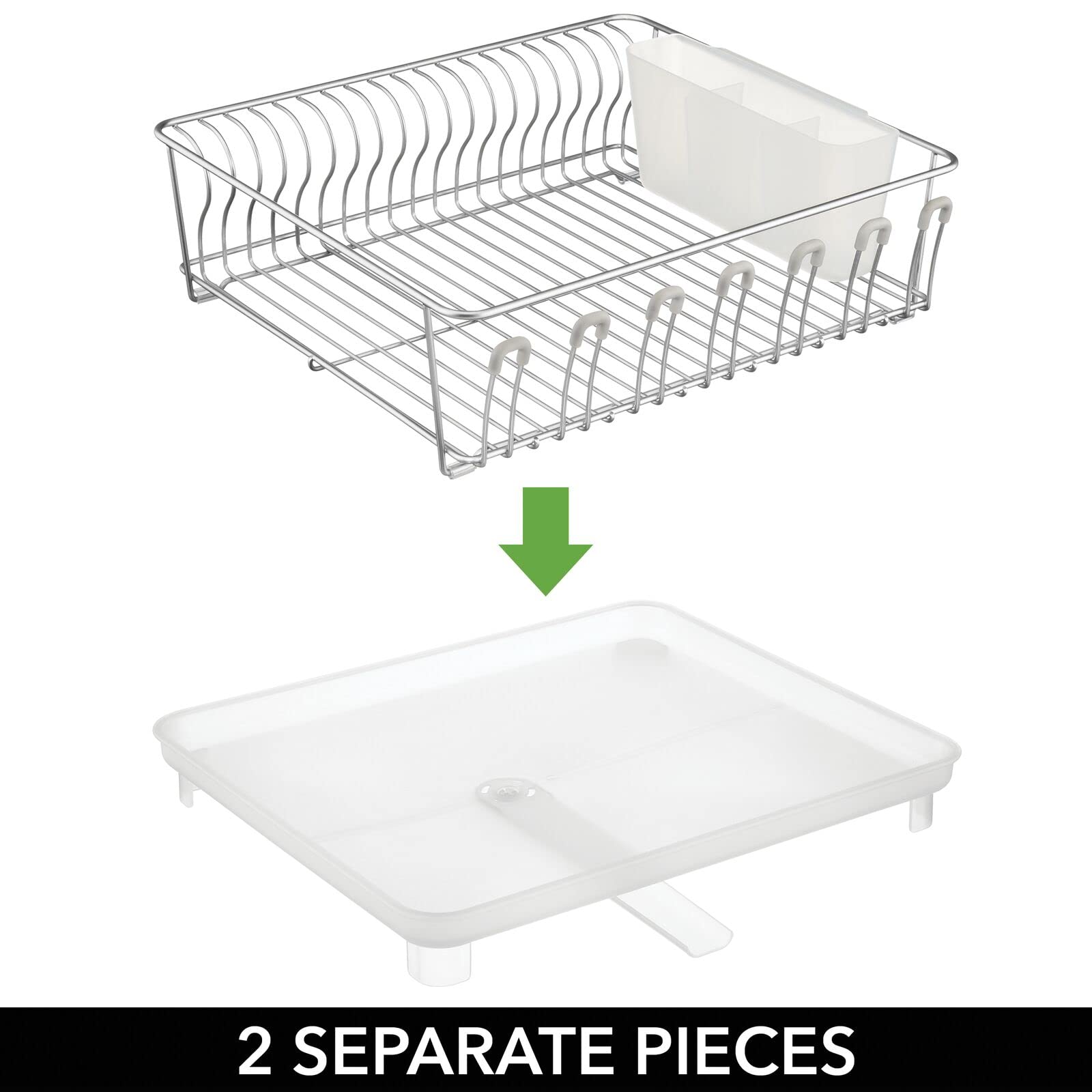 mDesign Alloy Steel Sink Dish Drying Rack Holder with Plastic Swivel Spout Drainboard Tray - Dish Rack/Dish Drainer Storage Organizer for Kitchen Counter - Concerto Collection, Chrome/Clear
