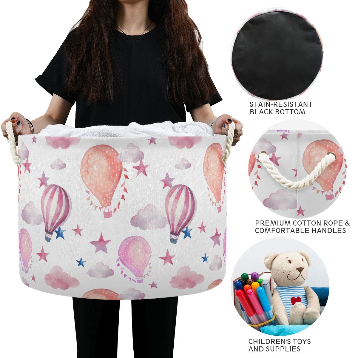 Laundry Basket 50L Waterproof Storage Collapsible Hamper Toy Basket Canvas Organizer Basket with Handles for Bedroom Baby Nursery Clothes-Air Ballon