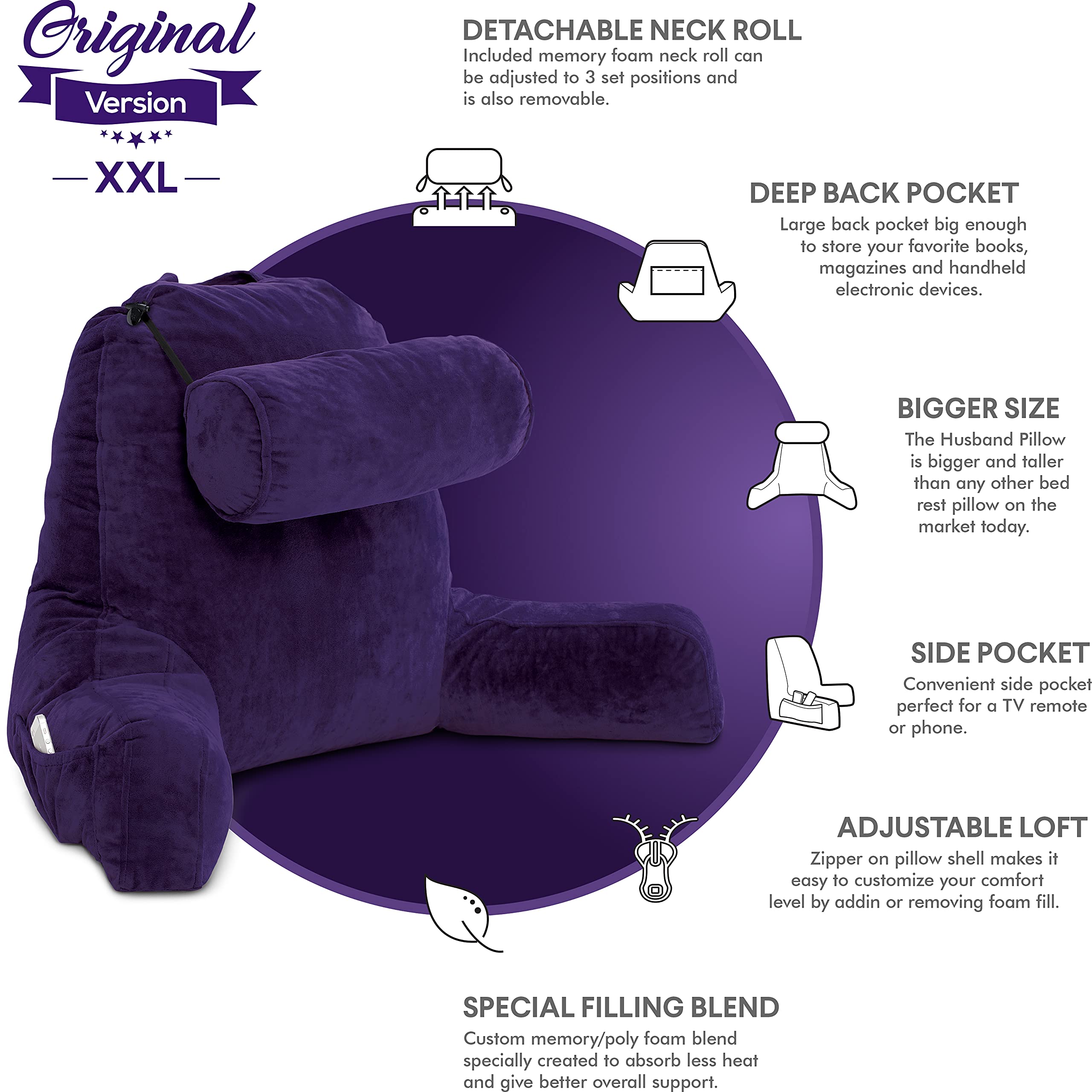Husband Pillow Combo - Backrest Pillow with Arms : XXL Purple & Foldable Laptop Tray : Brown - Memory Foam Reading Pillows for Bed w/Removable Neck Roll & Laptop Bed Tray Table