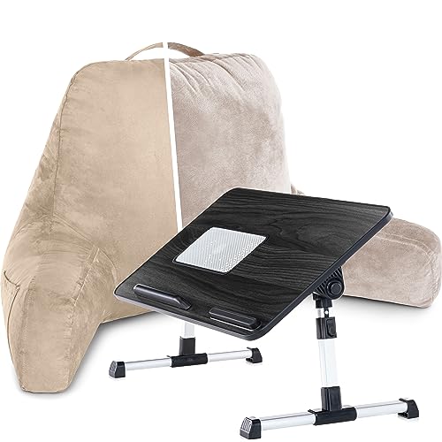 Husband Pillow Combo - Backrest Pillow with Arms : Standard Cowboy Taupe & Lap Desk Bed Tray : XXL Grey - Aspen Memory Foam Reading Pillows for Bed & Laptop Bed Tray Table