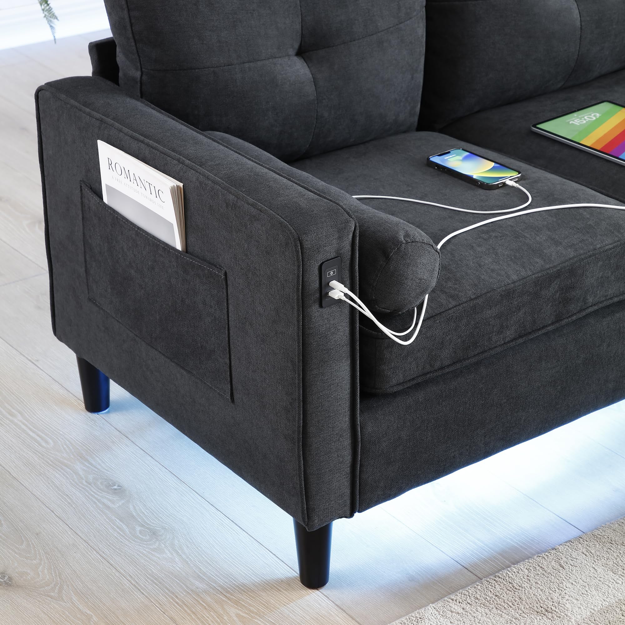 ZJT 75 Inch 3-Seater Sectional Sofa with Charging Station, L-Shaped Reversible Couches with LED Lights, Storage Ottoman and 2 Side Pockets, Linen Corner Sofa for Living Room (Black)