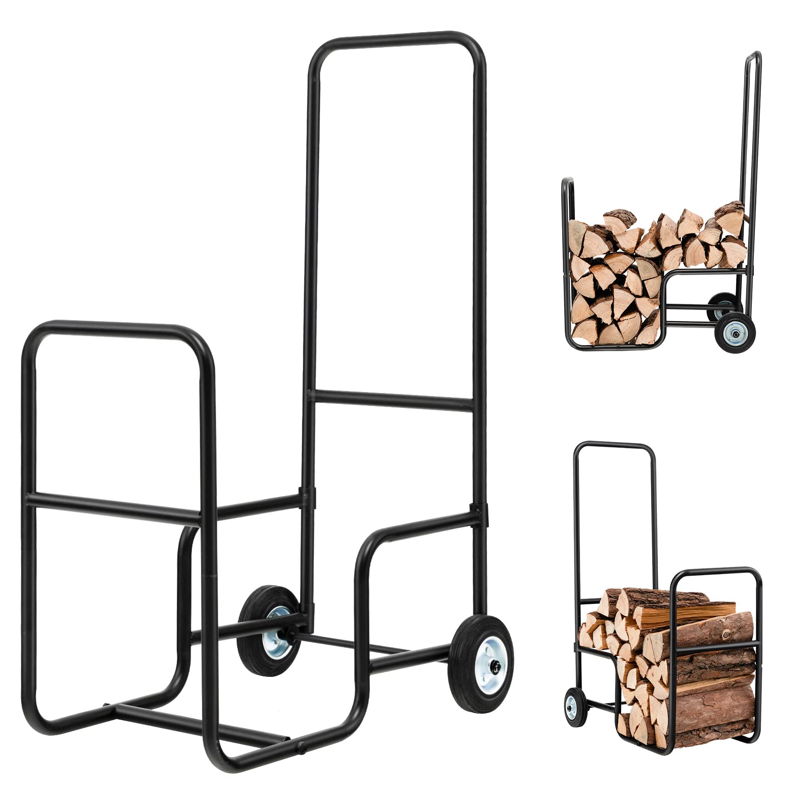 Safstar Firewood Log Cart Carrier, 2.9ft/35β Height Wood Rack Storage Mover w/2 Rubber Wheels & Ergonomic Handle, Heavy-Duty Steel Fireplace Log Carrier Mover, Rolling Firewood Cart for Indoor Outdoor