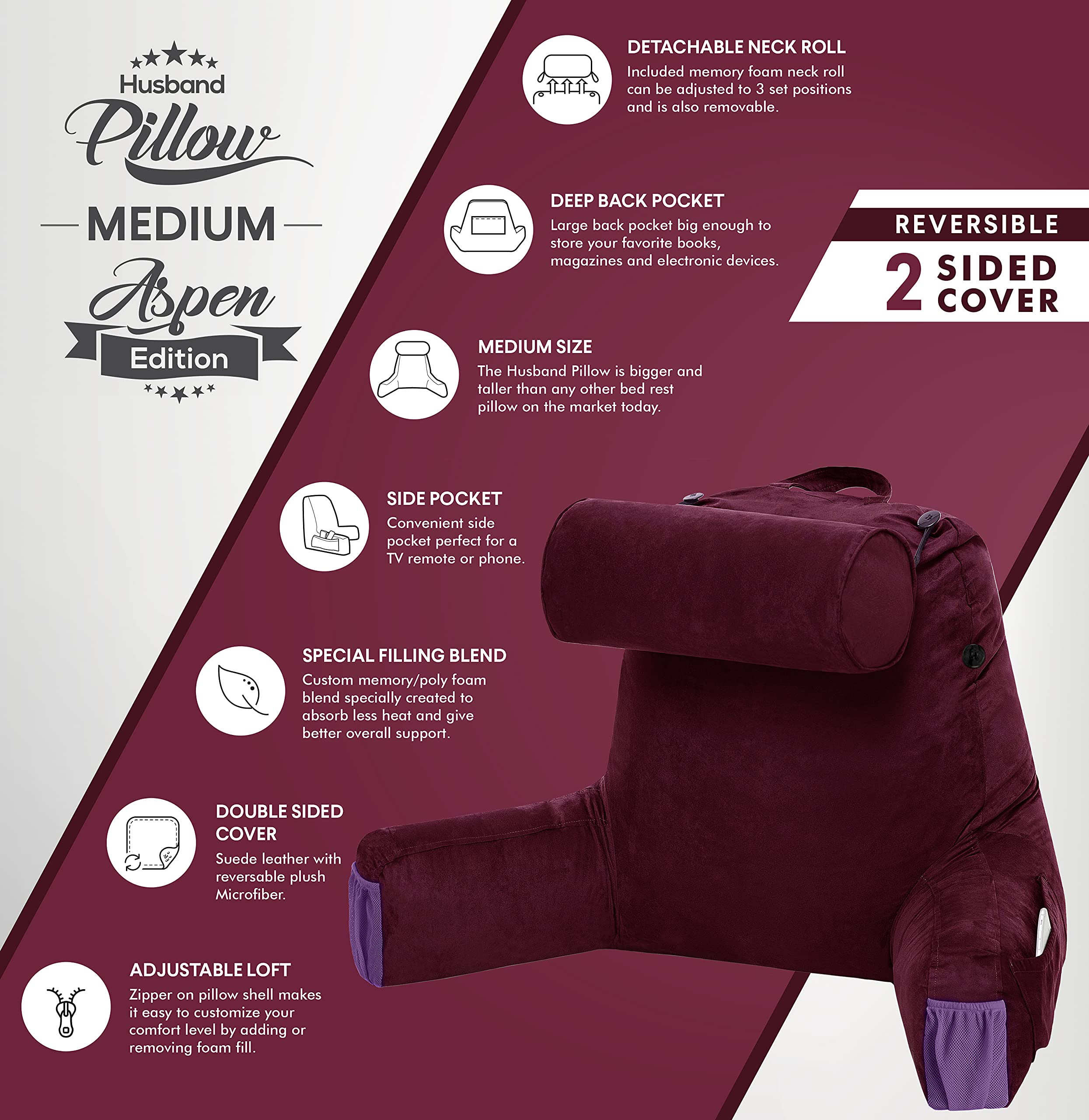 Husband Pillow Combo - Backrest Pillow with Arms : Medium Mauve Purple & Lap Desk Bed Tray : XXL Black - Aspen Memory Foam Reading Pillows for Bed w/Removable Neck Roll & Laptop Bed Tray Table