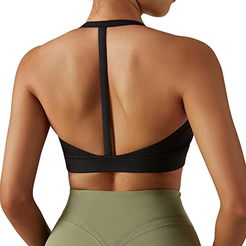 MOOSLOVER Women Strappy Sports Bra Crisscross Back Yoga Bras Padded Backless Medium Support Tops(L,#6 Black (Y back)-215)