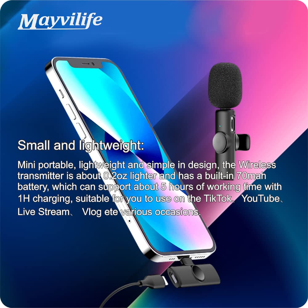 Mayvilife Wireless Lavalier Microphone Compatible with USB-C Smart Phone Video Recording, Wireless Clip Mic for TikTok YouTube Live Stream Vlog