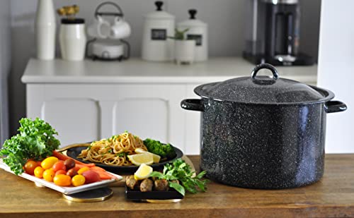 Mirro Traditional Vintage Style Black Speckled Enamel on Steel Stock Pot with Lid, 33 Quart, (MIR-10708)