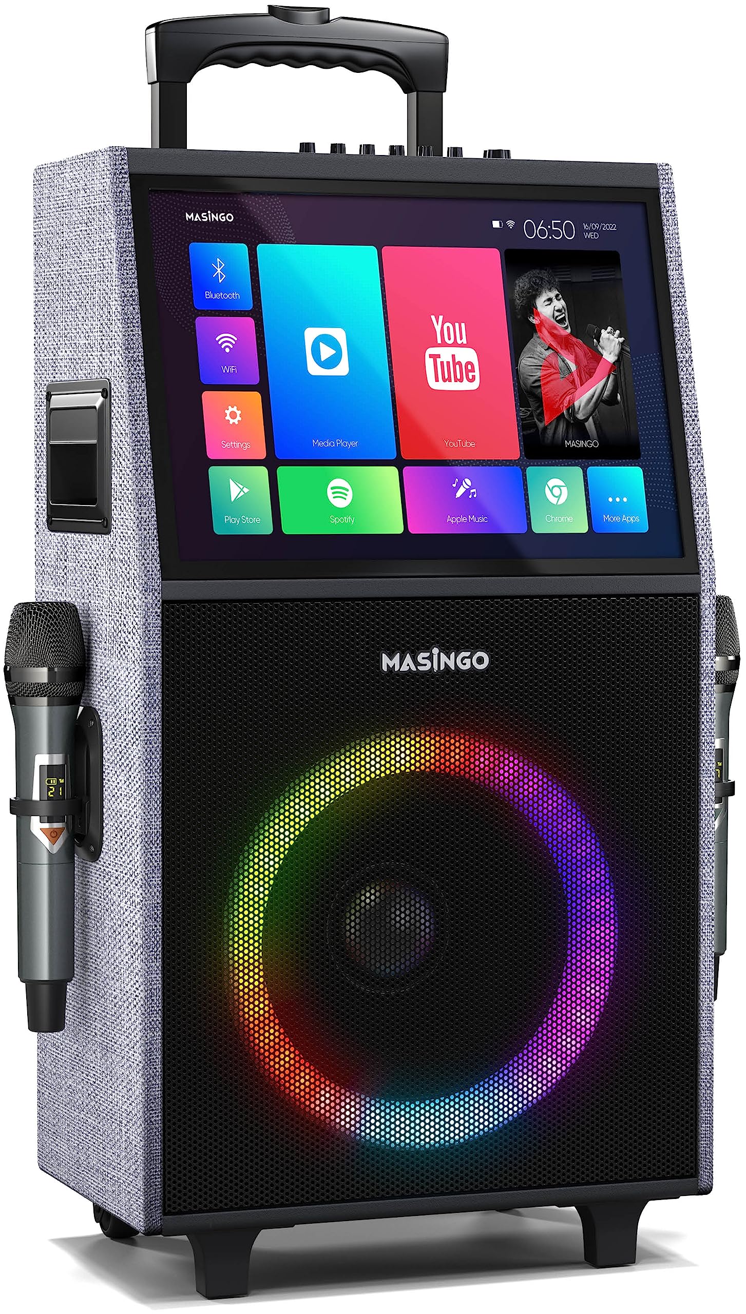 MASINGO Professional Karaoke Machine with Lyrics Display Screen + 2 Wireless Microphones, Bluetooth Portable PA Speaker with Built-in 15" Tablet & WiFi - Best Gift for Adults and Kids - X8 2021 Model