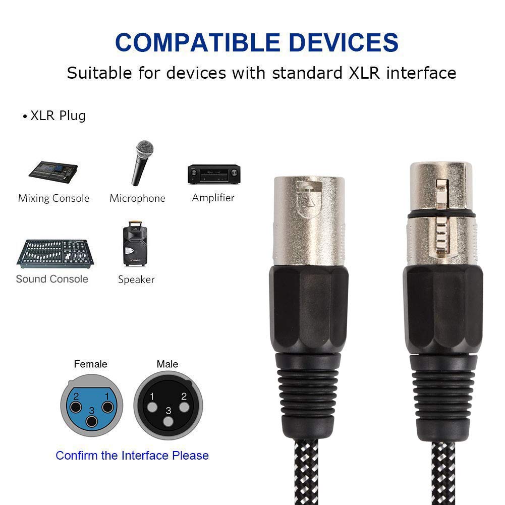 KINXIYU XLR Cable 10 FT/5 Pack, Microphone Cable 3 Pin Nylong Braided Balanced XLR Male to XLR Female Heavy Duty Mic Patch Cords