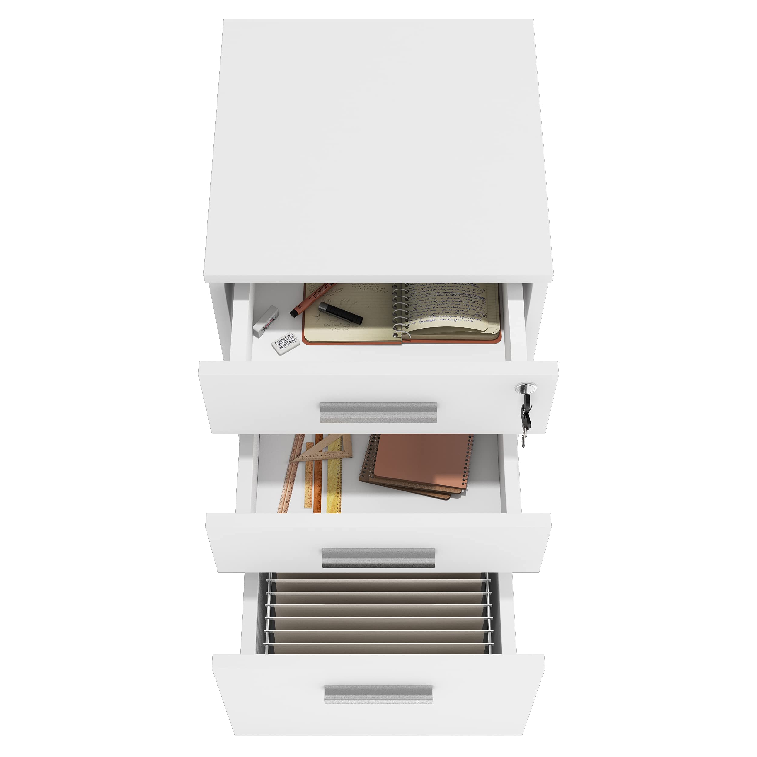 Lazio 26 Inch File Cabinet with Lock - Filing Cabinet for Home and Office - 3 Drawer File Cabinet with Wheels for A4 Sized Letters/Documents, Legal Sized Documents, Hanging File Folders - White/White