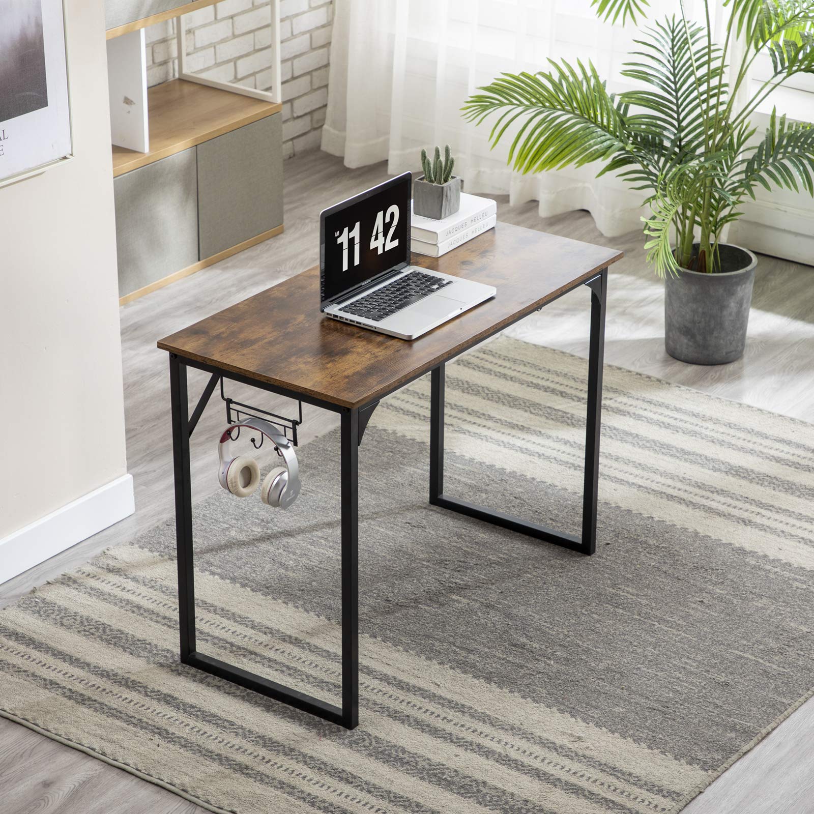 K Knowbody Home Office Desk, 39.4" Computer Desk Small Writing Desk Modern Simple Style Desk Sturdy Work Table for Home Office with Black Metal Frame